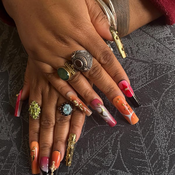 Bold Color Airbrush Long Stiletto Press on Nails, 3D Glam Goth False ...