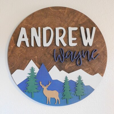 Mountain Scene Name Sign, Woodland Nursery Theme, Round 3D Nursery Name ...