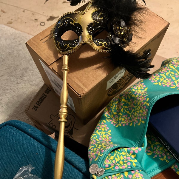 Carnival Costume Black Gold Jester Feather Handle Harlequin Masquerade ...