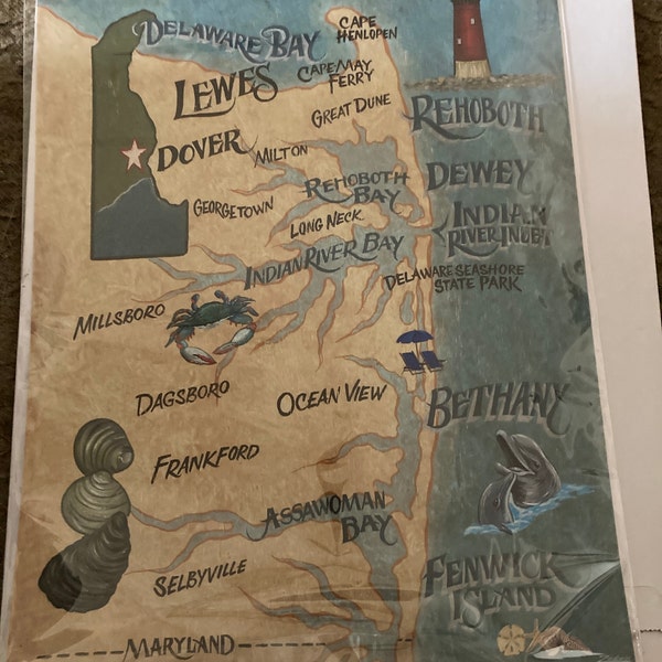 Delaware Beaches Map Style Print|beach House Decor| Travel Map ...