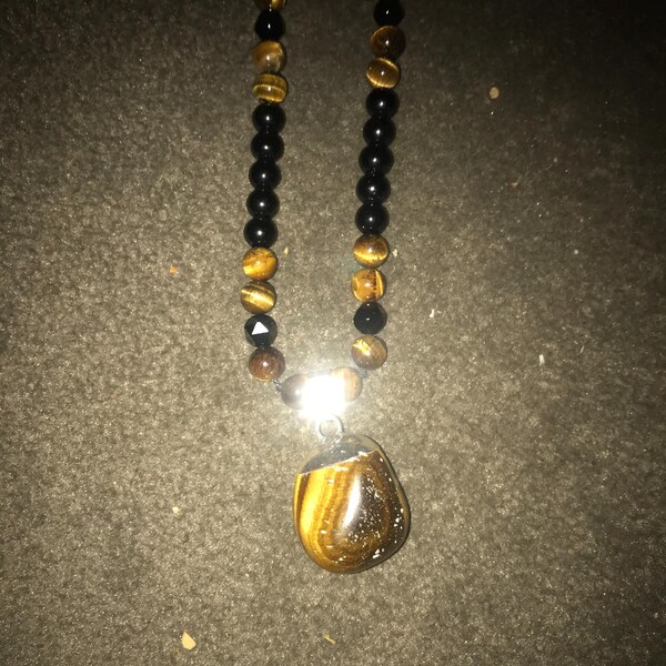 Men's Protection Necklace Big Raw Tiger Eye Pendant Beads Necklace ...