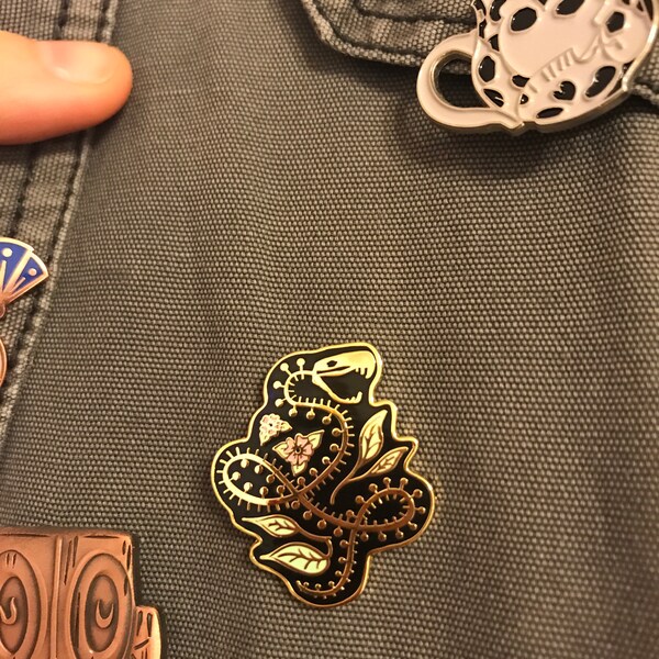 Snake Skeleton Hard Enamel Pin, Black and Gold Finish Floral Botanical ...