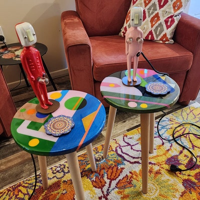 Colorful Handmade Groovy Resin Neon Side Coffee Table, Unique Wooden ...