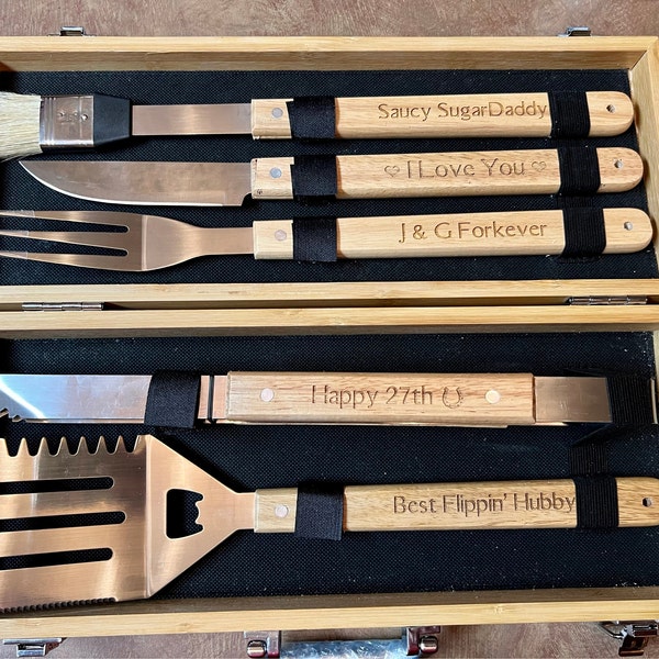 Grill Gift Set With 5 Grilling Tools in Bamboo Case | Personalized BBQ ...