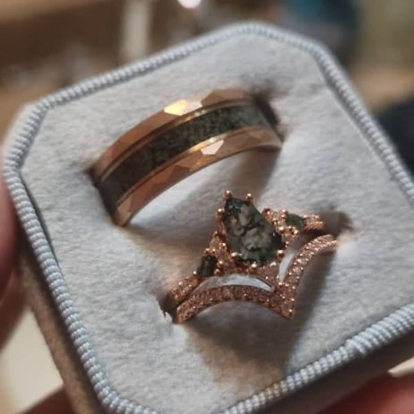 Lumiere Moss Agate Ring Set - Unique Rose Gold Engagement & Wedding Rings, His and Her Nature ...