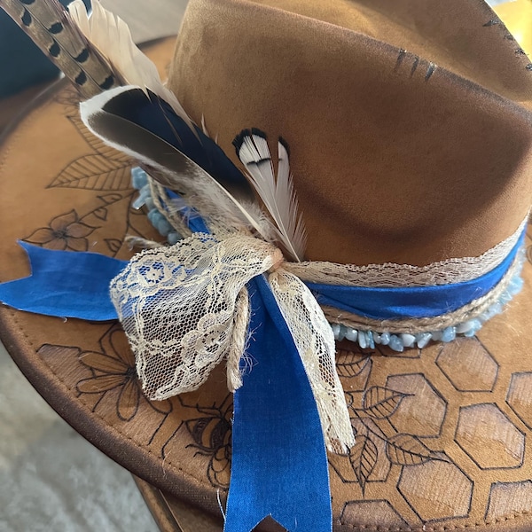 CUSTOM HAND BURNED Wide Brim Hat Bride Branded Hat Flowers and Leaves Burned Hat Western Hat - Etsy
