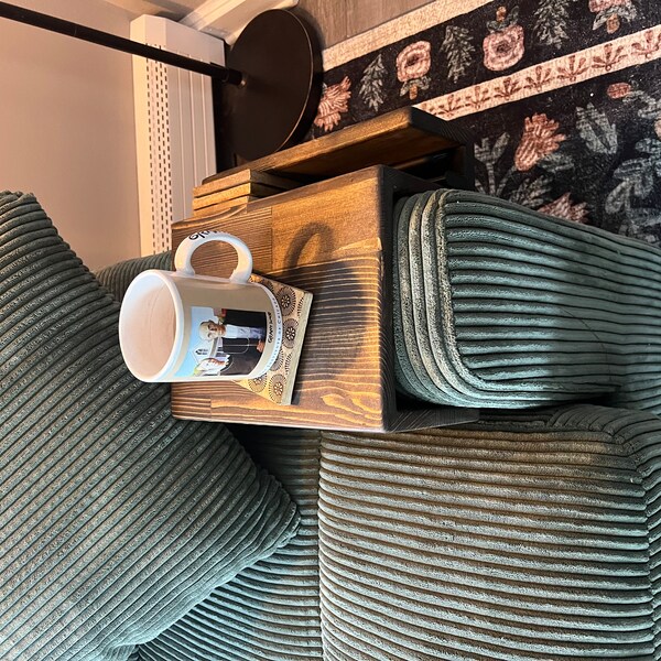 Couch Arm Rest Table With Magazine Stand, Modern Wood Armrest Table ...