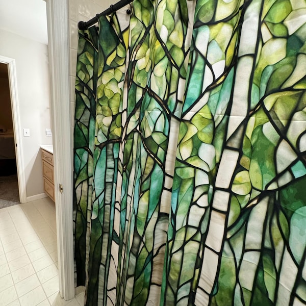 Stained Glass Birch Trees Shower Curtain Modern Art Deco Forest Scenery ...