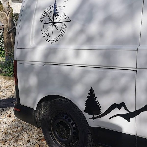 Camper Stickers, Van Stickers, Compass Decal With Trees Mountains and ...
