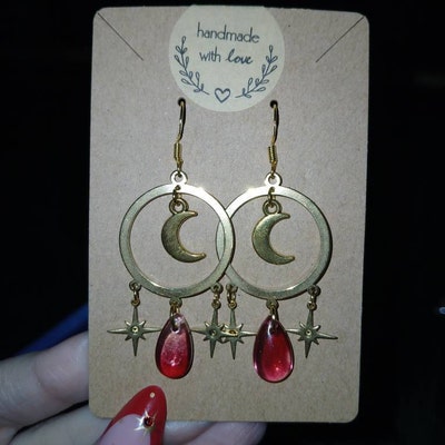 Celestial Crescent Moon Earrings With Pink Crystal Drops Sun and Moon Dangle Earrings Handmade ...