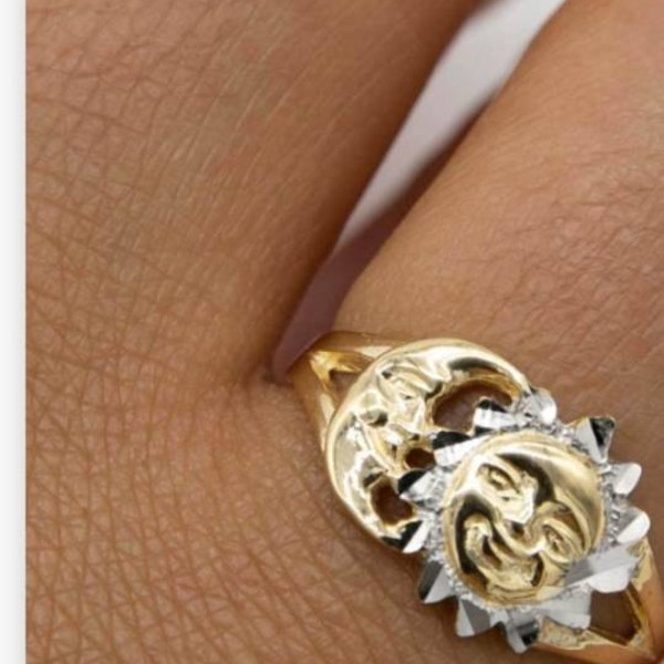 Diamond Cut Moon & Sun Face Ring Real Solid 10K Yellow White Gold Size ...