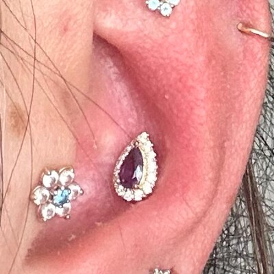 14K Gold Moss Agate Earring Threadless Push Pin Stud Dainty Fan Shape ...