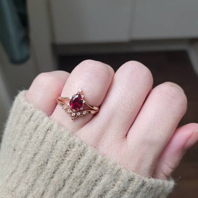 Vintage Teardrop Ruby Engagement Ring Set Milgrain Three Stone Wedding ...