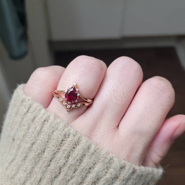 Teardrop Ruby Ring Set 6x8mm Ruby Engagement Ring Sterling Silver Rose ...