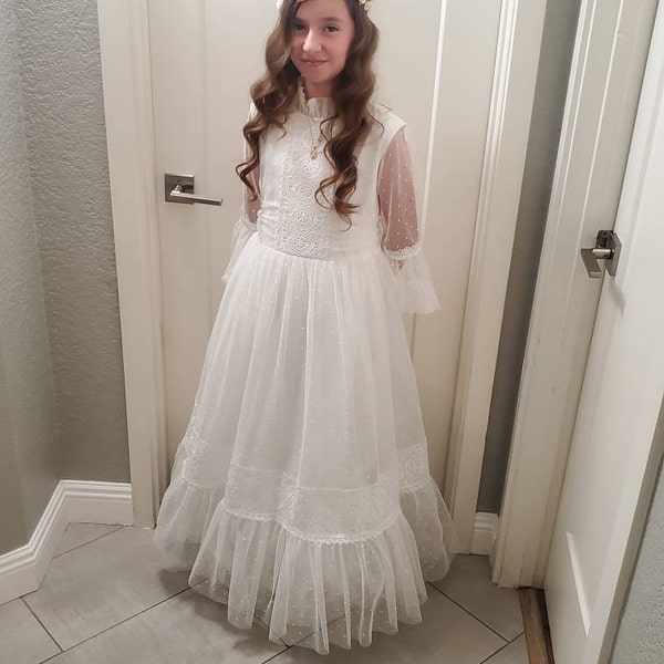 Classic Communion Dress With Lace Sleeves and Veil | Catholic Communion ...