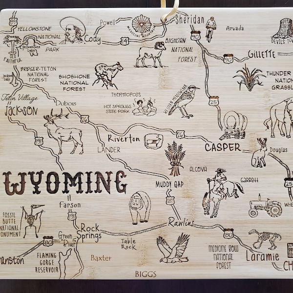 Wyoming Cutting Board | Landmarks and Destinations | State Shaped ...