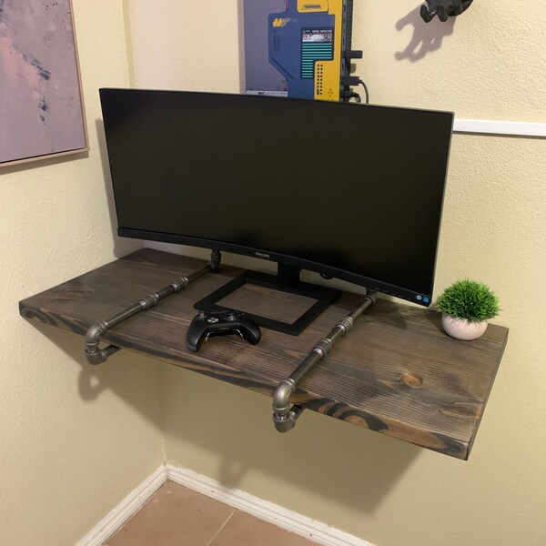 Iron Pipe & Solid Pine Wood Desk - Farmhouse Suspended Wall Mounted ...