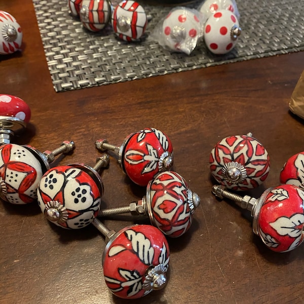 Red and White Assorted Ceramic Knobs Hand Painted Ceramic Door Knobs Pumpkin Knobs Kitchen ...