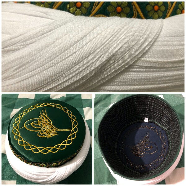 Hand Made Islamic Prayer Hat, Green Tughra Embroidered Mens Kufi Cap ...