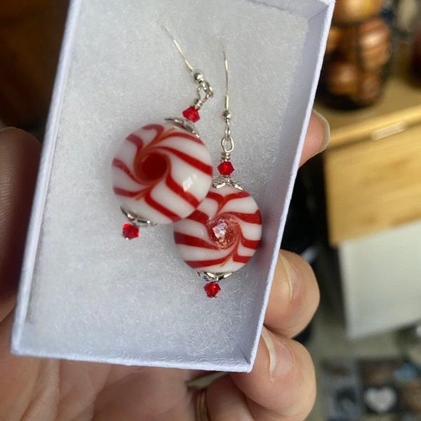 Darling Red & White Christmas Candy Earrings With Red Swarovski Crystal ...