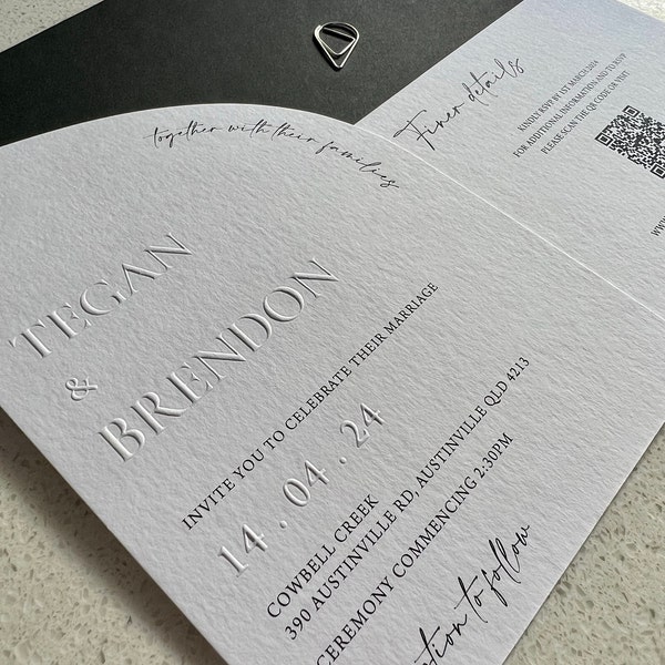 Minimal Arch Emboss Wedding Invitation, Modern Letterpress Arch Invite ...