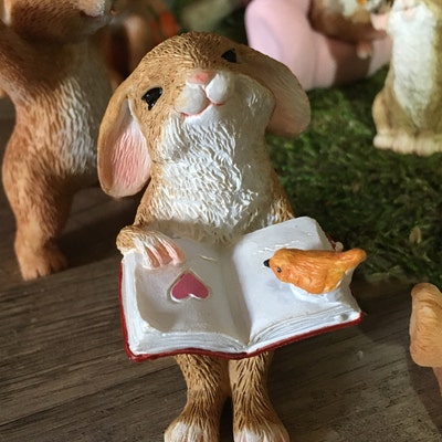 Cute Bunny Fairy Miniature , Tiny Rabbit Reading Book With Friend Brid ...