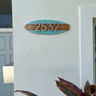 Surfboard Coastal Beach House Address Number Plaque in Yellow - Etsy
