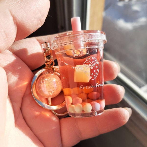 Strawberry Liquid Keychain, Boba Keychain, Quicksand Keychain, Kawaii ...