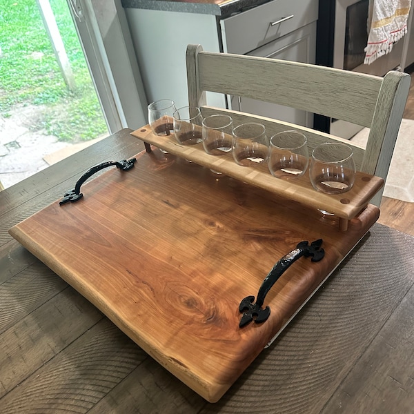 Black Walnut Butcher Block Wine Charcuterie Board Caddy With Cast Iron ...