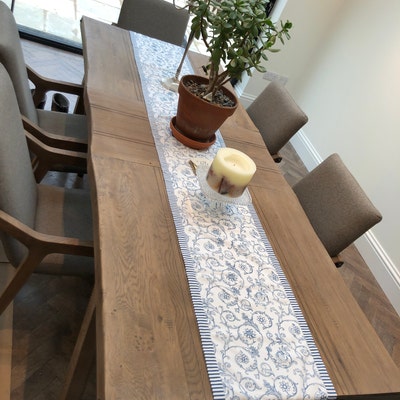 Blue Cotton Table Runner, Swirl Print With Stripe Border, Table Decor ...