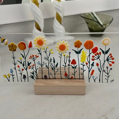 Summer Flower Garden Suncatcher, Wood Stand, Fused Glass, Handmade ...