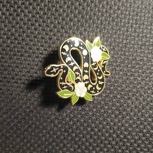 Snake Enamel Pin Magical W. Moon Phases & Flowers Black Gold Serpent ...
