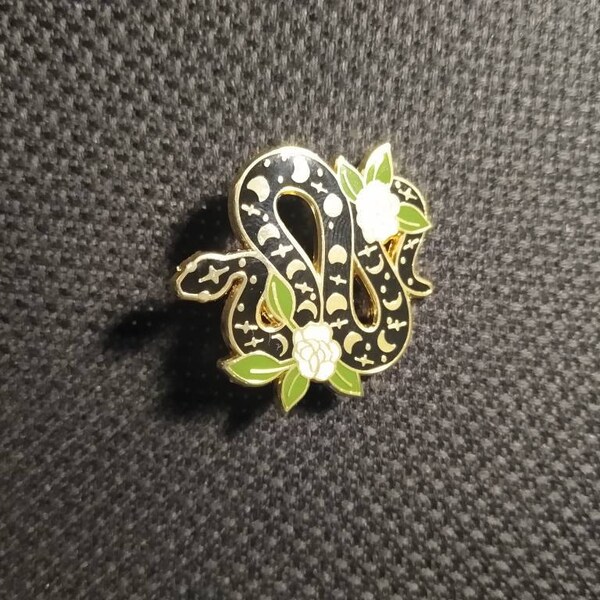 Snake Enamel Pin - Magical W. Moon Phases & Flowers - Black Gold ...