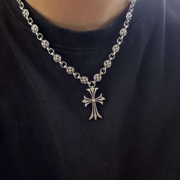 Ch Gothic Style Y2k .925 Silver Diamond Cross Necklace Chrome Chain ...