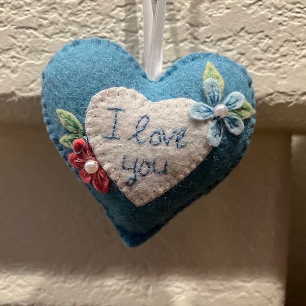 Wool Felt Heart Ornament, Embroidered Valentine Heart, Flowered Felt ...