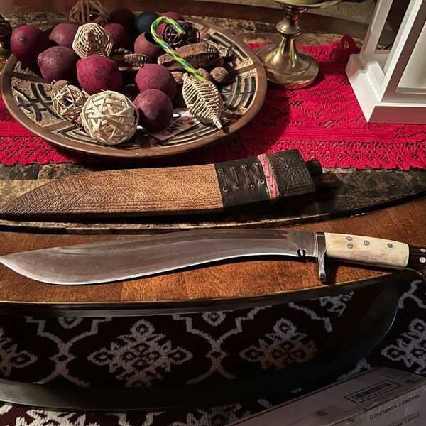 19" Kukri Knife, Hand-forged Nepal, Leather Pink Lace Sheath, Detailed ...
