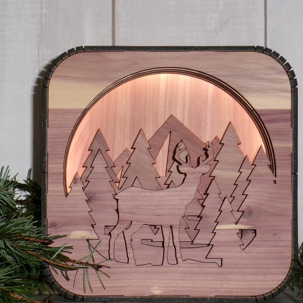 Wooden Night Lamp Deer Forest Scene Multilayer Shadowbox Laser Cut ...