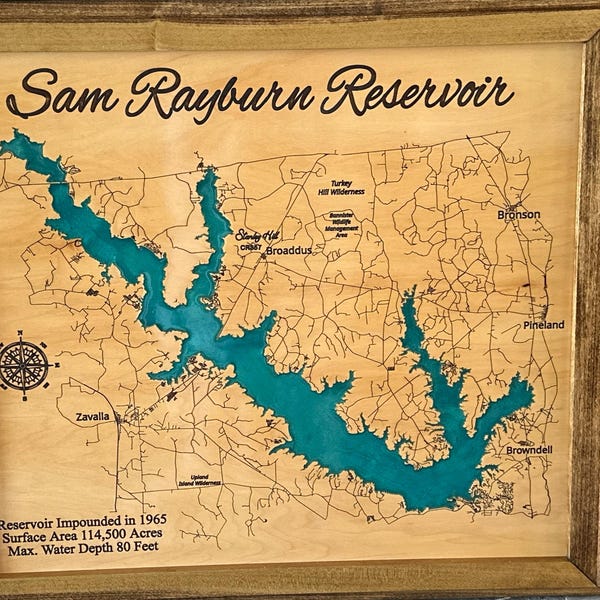 Wood Lake Map, Sam Rayburn Reservoir Texas, Any Lake, Lake House Decor ...