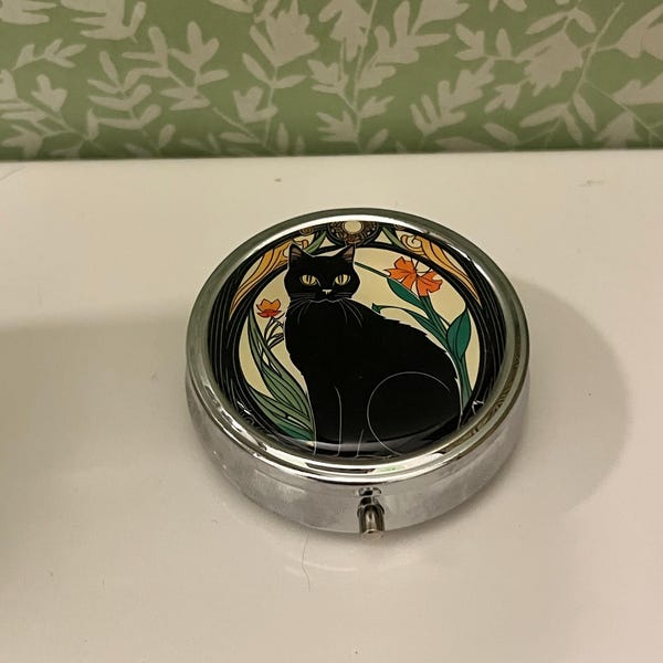 Art Nouveau Black Cat Pill Box Case Pillbox Holder Trinket Vintage Deco ...