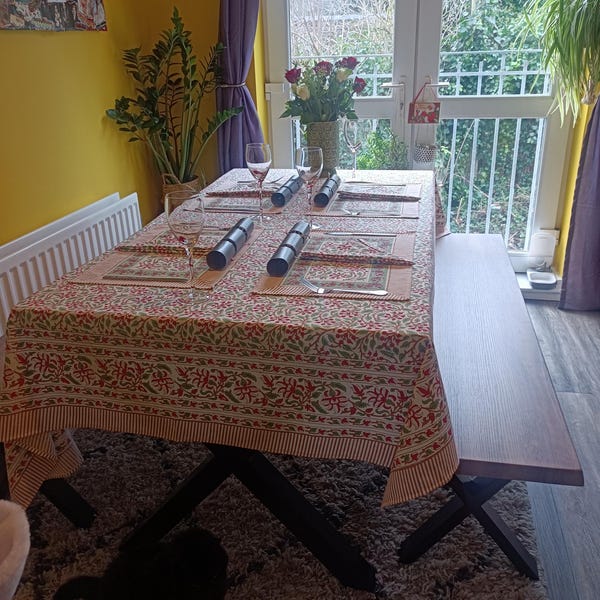 Burnt Orange, Tangerine With Green Floral Tablecloth, Indian Hand Block ...
