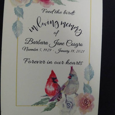 Cardinal Funeral Favors Personalized Memorial Bird Seed Packets, Loving ...