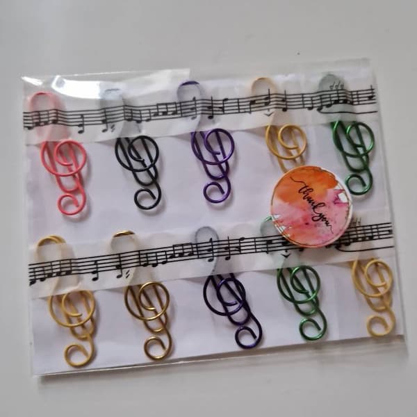 Set of 10 Quality Music Musical Treble Clef Coloured Metal Paper Clips ...