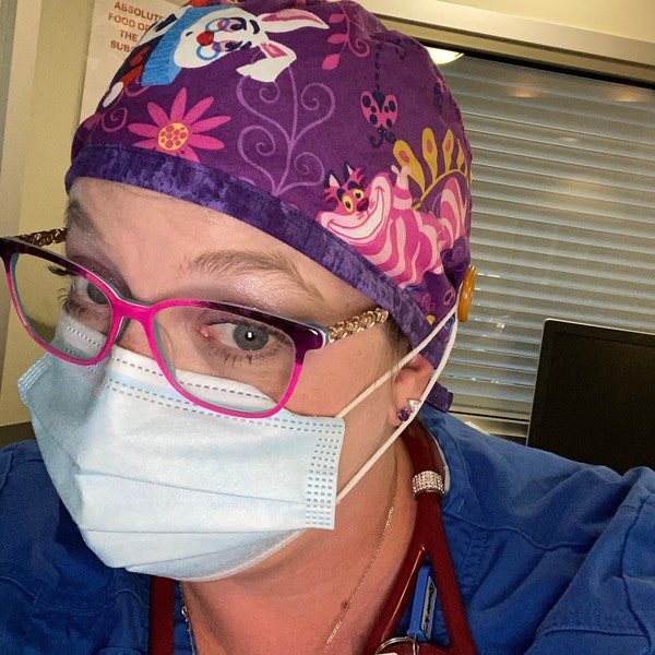 PONYTAIL Japanese Kitty With Pink Letters Scrub Cap, Scrub Hat for ...