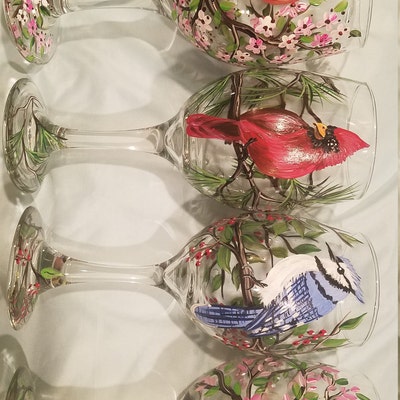 Wild Birds Hand Painted Wine Glasses Set 4 20 Oz Cardinal, Blue Jay ...