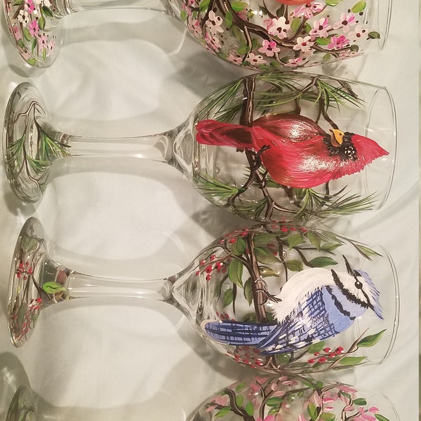 Wild Birds Hand Painted Wine Glasses Set 4- 20 Oz Cardinal, Blue Jay ...