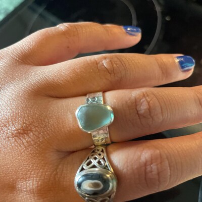 Aquamarine Blue Sea Glass Ring, Unique Beach Glass Ring, Double Wire ...