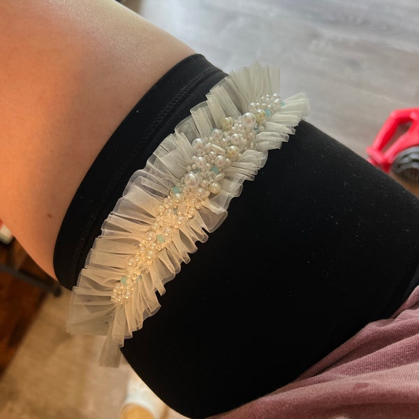 White Tulle Wedding Garter Set Jeweled With Pearls, Whimsical Ruffled ...
