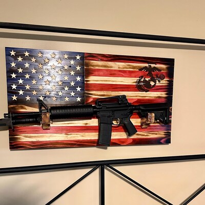 Rustic American Flag Gun Rack. Compound Bow Rack With Military Logo ...