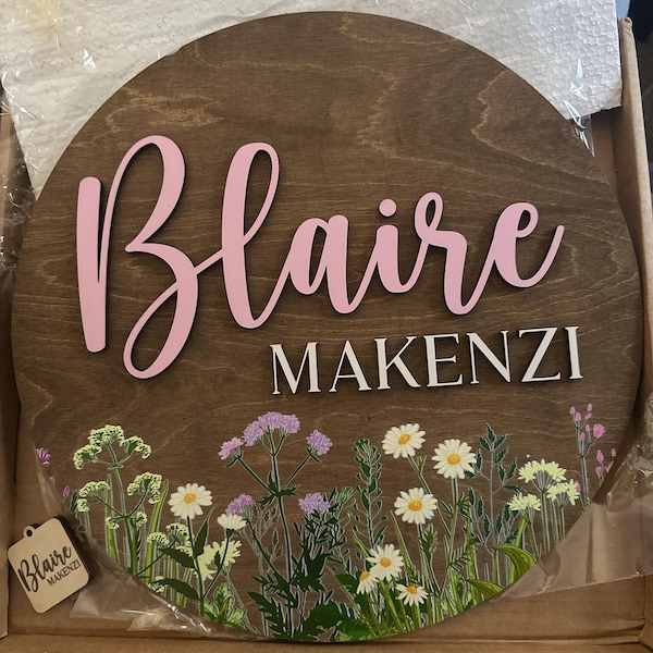 Wildflower Nursery Sign, Round 3D Name Sign, Personalized Wooden Name ...