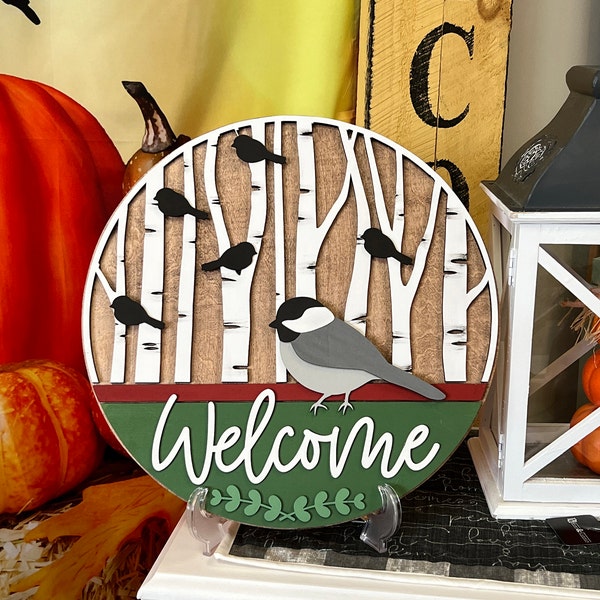 Birch Trees and Birds Welcome Sign, DIGITAL Download, Round Door Hanger ...